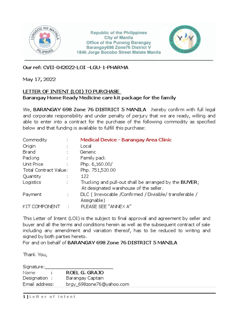 Template LOI Medical Device Barangay Clinic Area | PDF