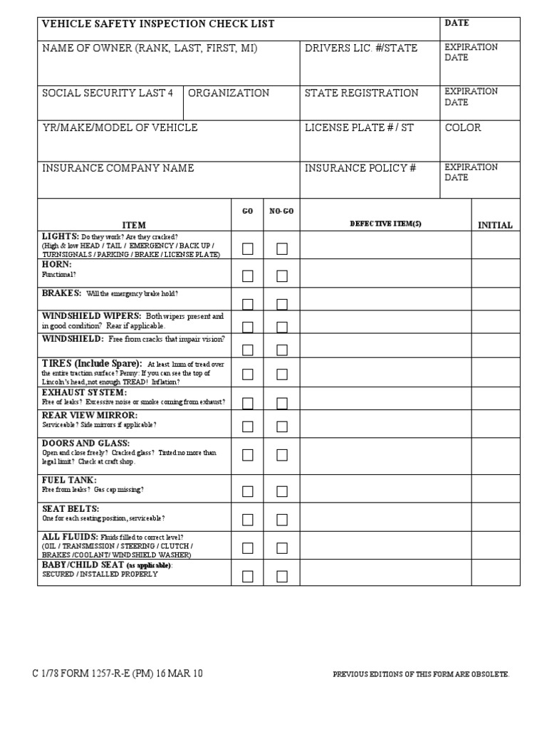POV Inspection Sheet BLANK | PDF | Vehicles | Brake