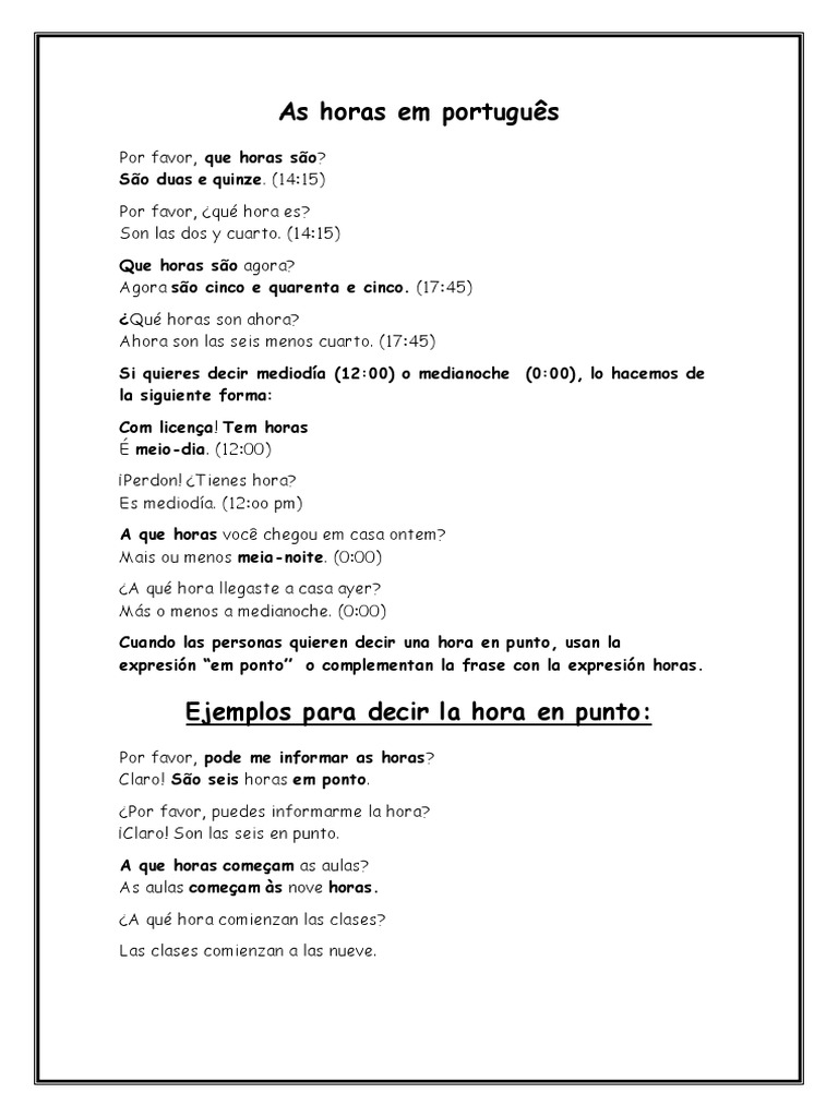 As Horas em Português | PDF