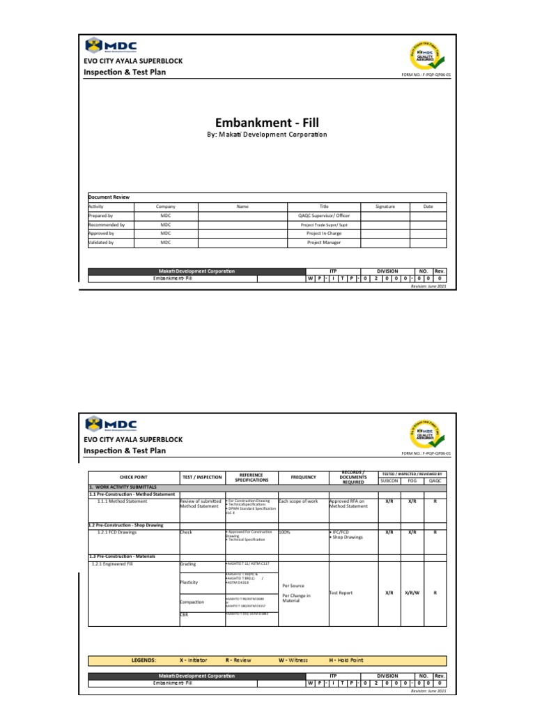 Embankment - Fill: Inspection & Test Plan | PDF | Economic Sectors