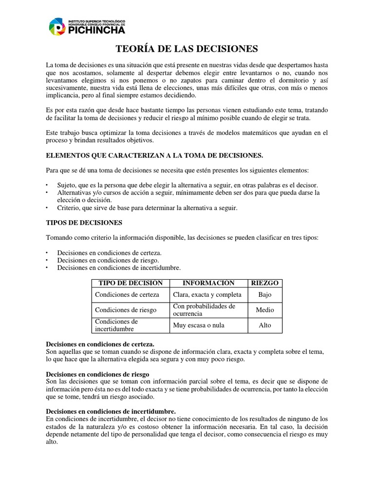 Teoría de Las Decisiones | PDF | Toma de decisiones