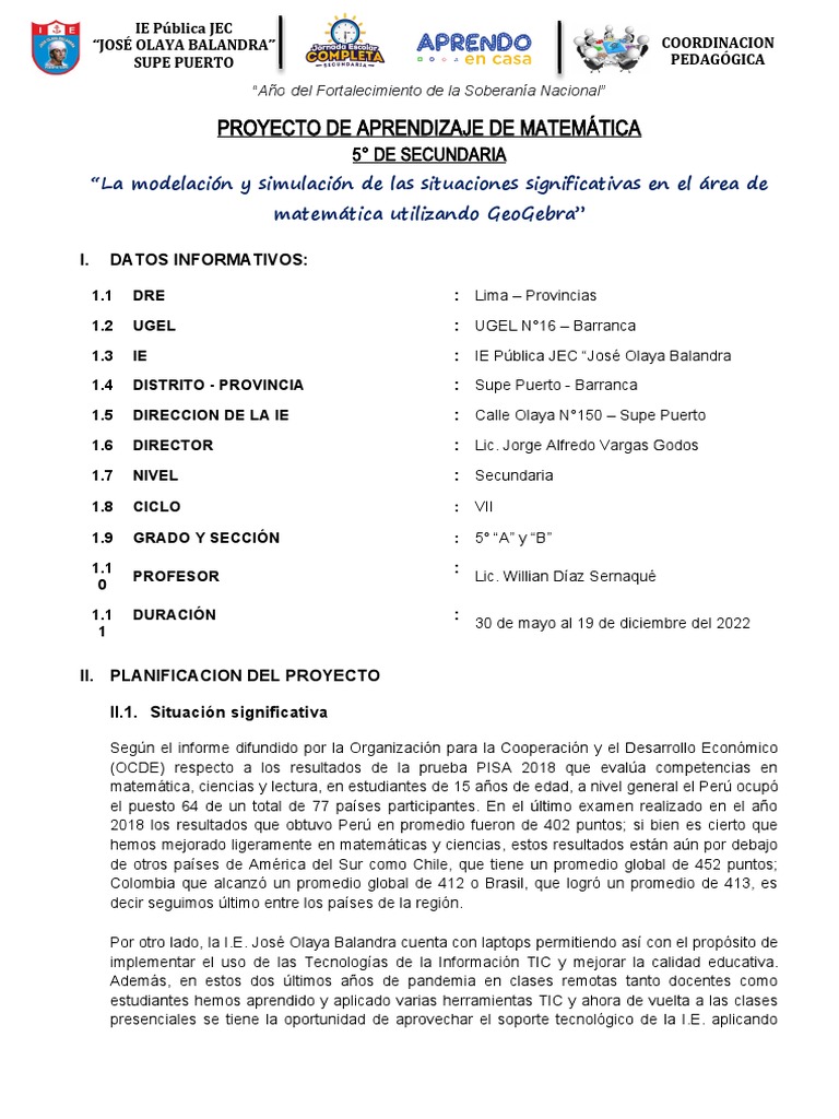 Proyecto de Aprendizaje 2022 Geogebra | PDF | Aprendizaje | Ecuaciones