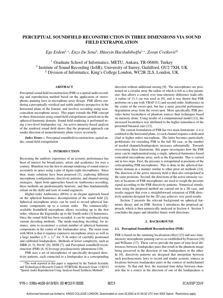 Perceptual Soundfield Reconstruction in Three Dimensions Via Sound Field Extrapolation | PDF ...