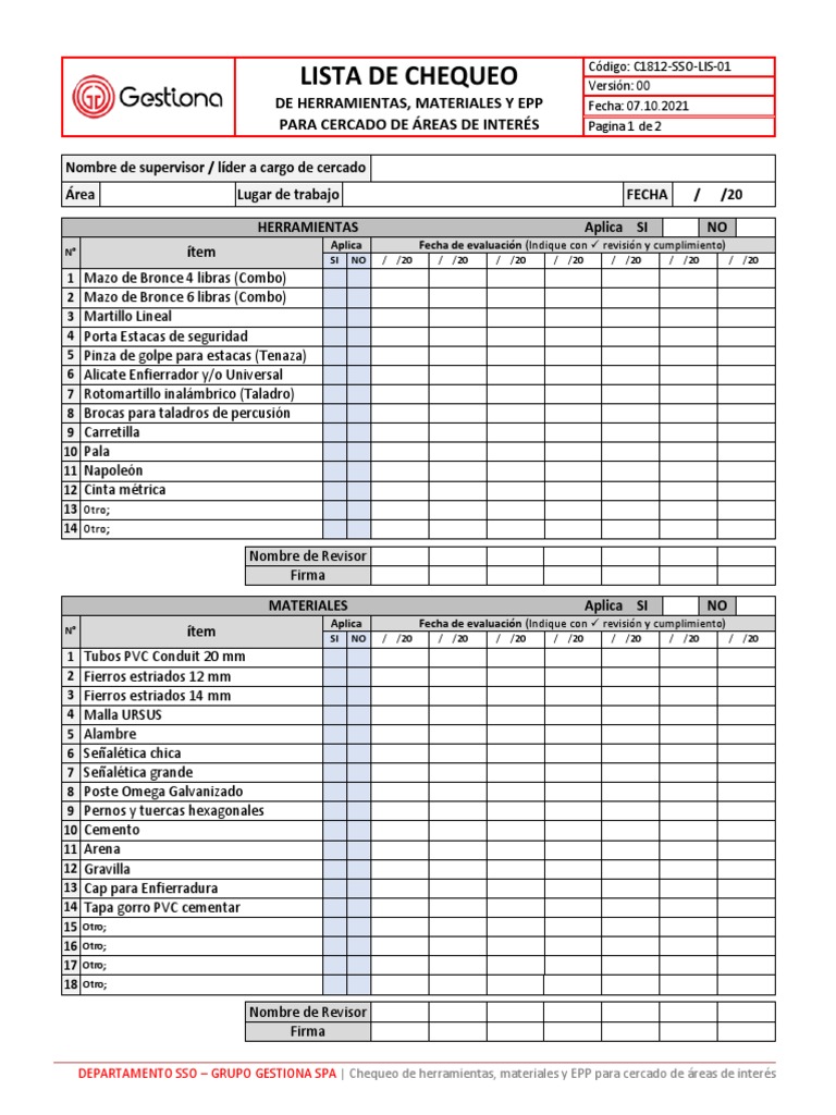 C1812-SSO-LIS-01 Chequeo Herramientas, Materiales y EPP para Cercado de Áreas de Interés 0.0 ...