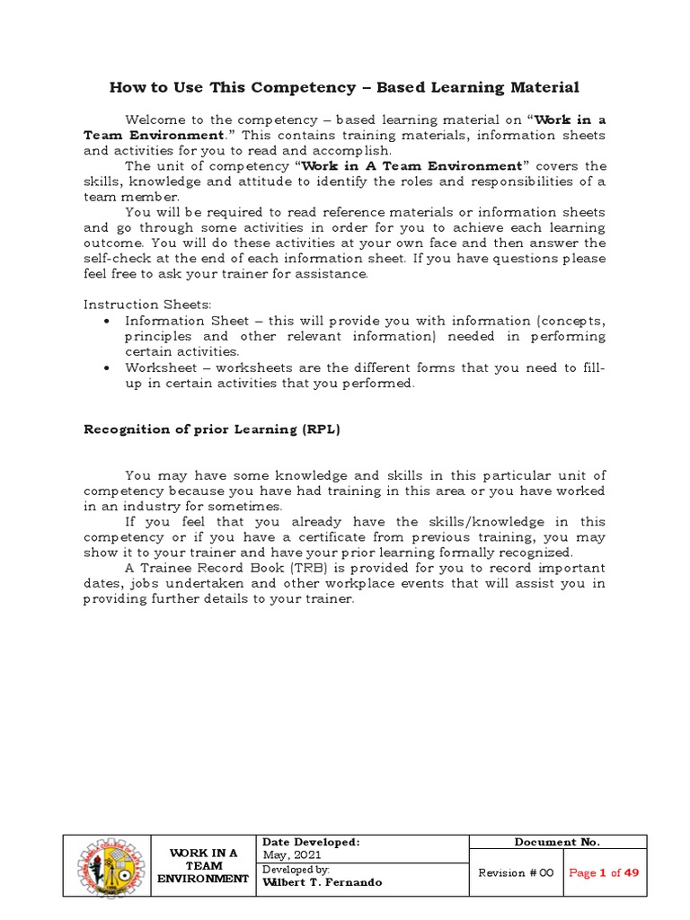 CBLM U2 (Work in A Team Environment) | PDF | Facilitator | Learning