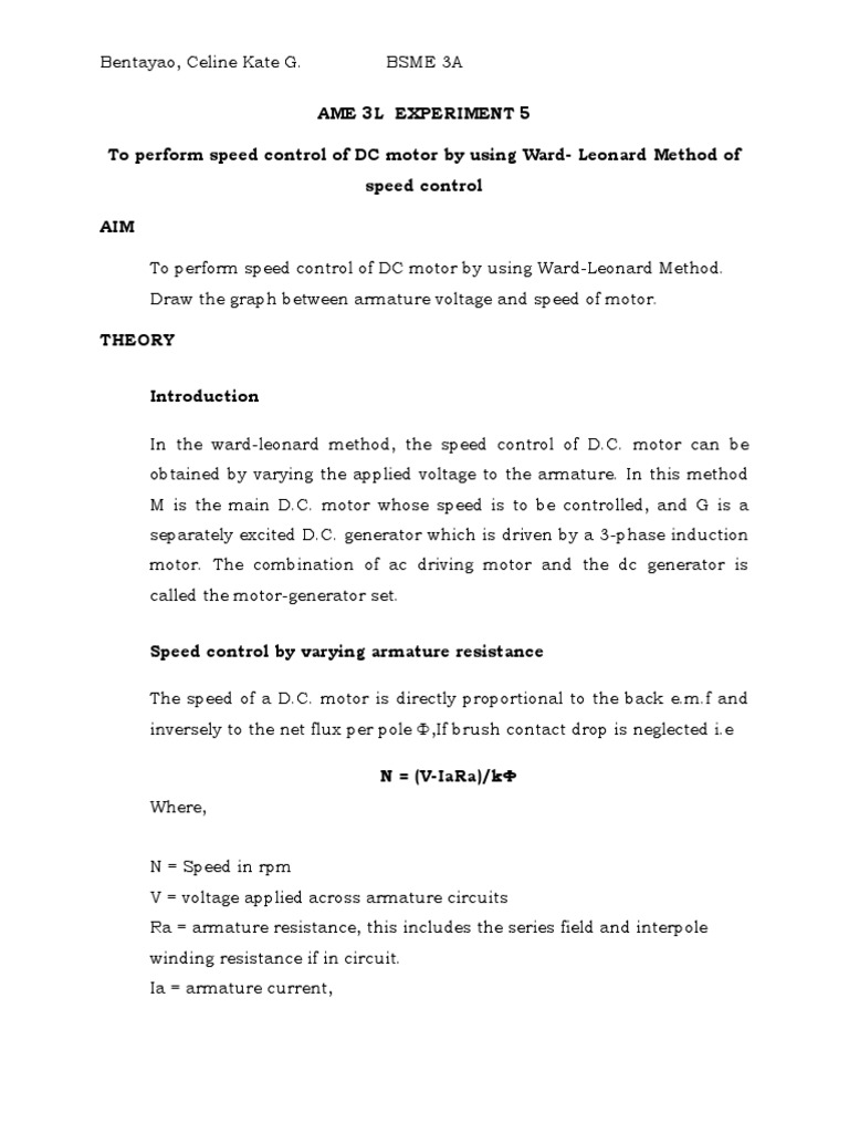 Ame 3L Experiment 5 To Perform Speed Control of DC Motor by Using Ward ...