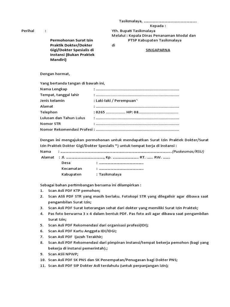 Form Permohonan SIP Dokter, Dokter Gigi, Dokter Spesialis | PDF ...