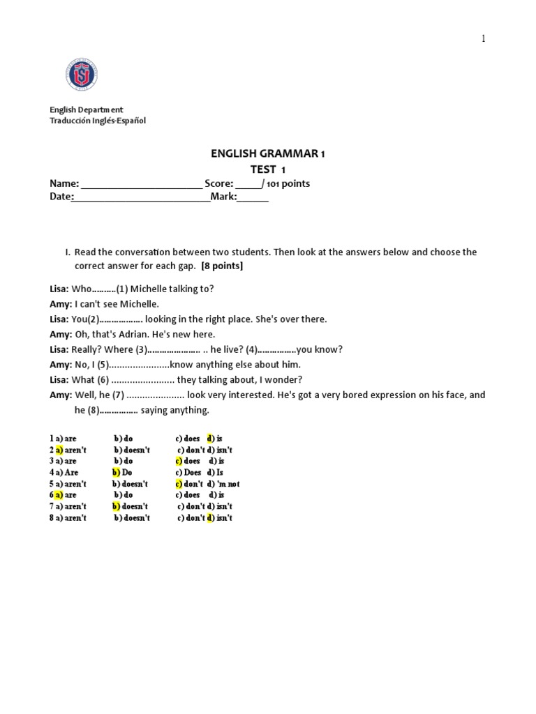 English Grammar Test | PDF