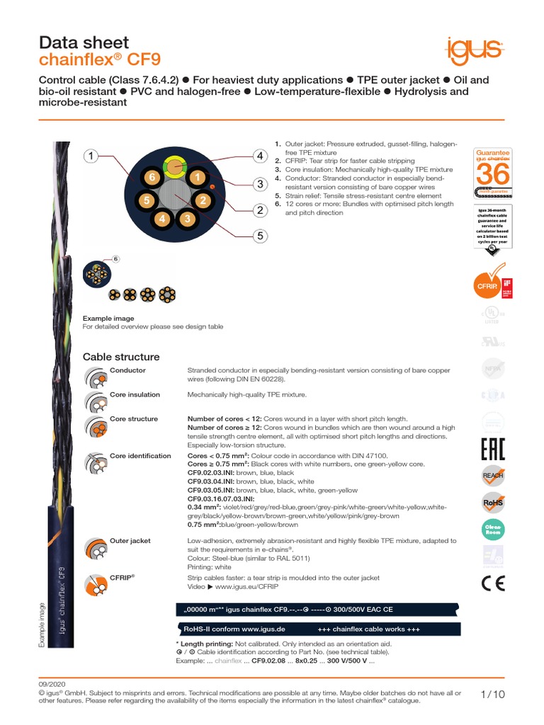 Cáp IGUS CF9-EU - Data - Sheet - Chainflex - CF9 | PDF | Wire | Electrical Conductor