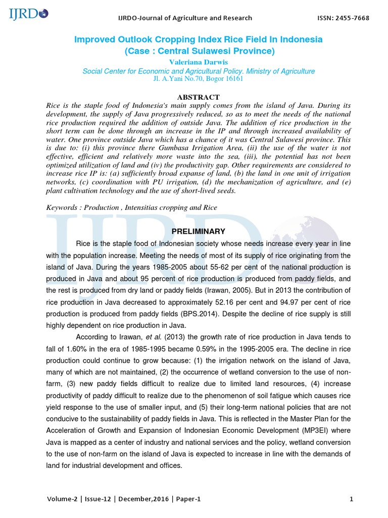 Improved Outlook Cropping Index Rice Field in Indonesia (Case: Central ...
