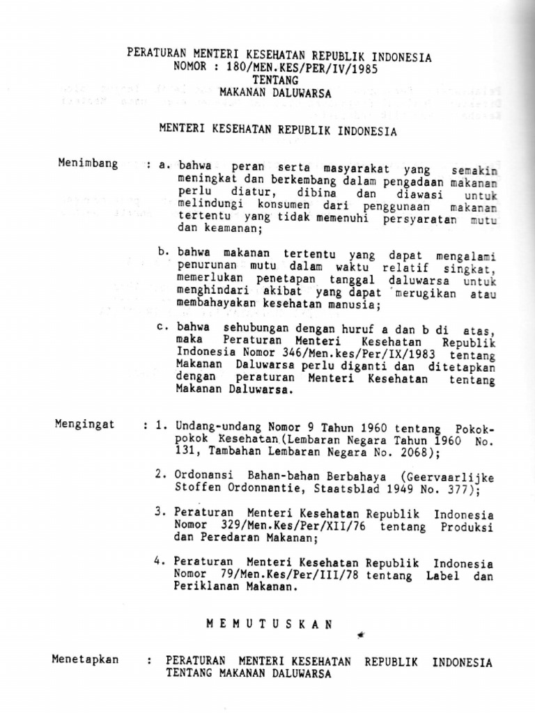 1985 Permenkes RI No 180 Tahun 1985 Tentang Makanan Daluwarsa | PDF