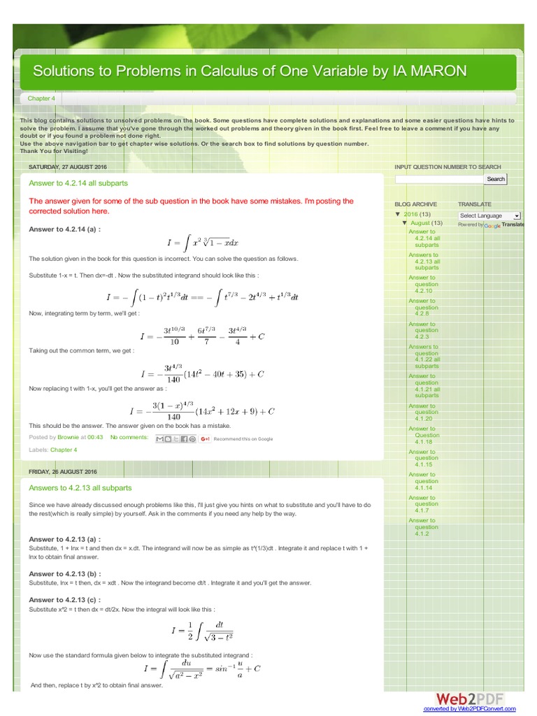 Solutions To I A Maron Problems in Calculus of One Variable | PDF ...