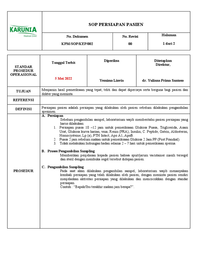 SOP Persiapan Pasien Laboratorium | PDF