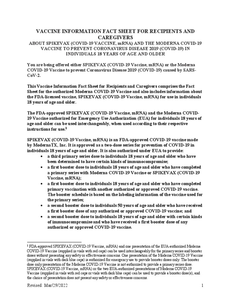 Moderna Vaccine Fact Sheet for Adults | PDF | Drugs | Diseases And ...