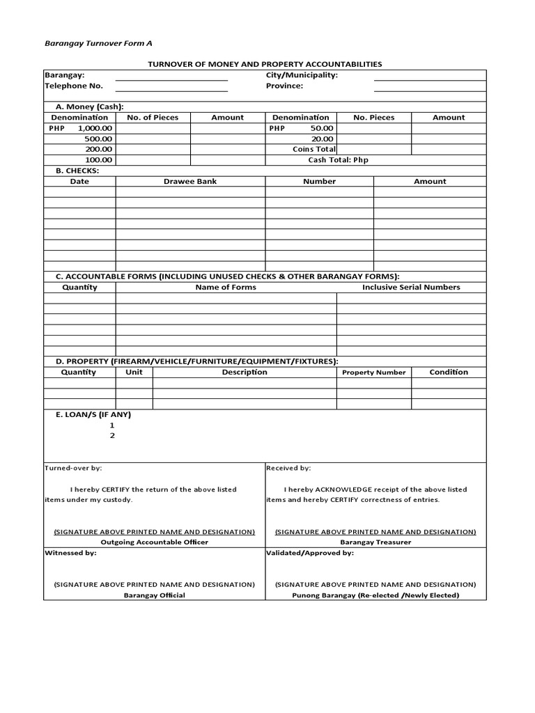Barangay Turnover Forms | PDF | Money | Financial Services