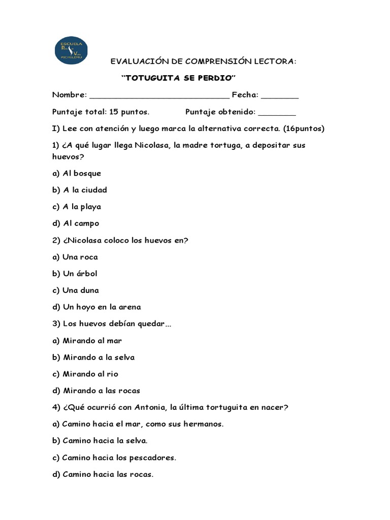 Evaluación de Tortuguita Se Perdio | PDF