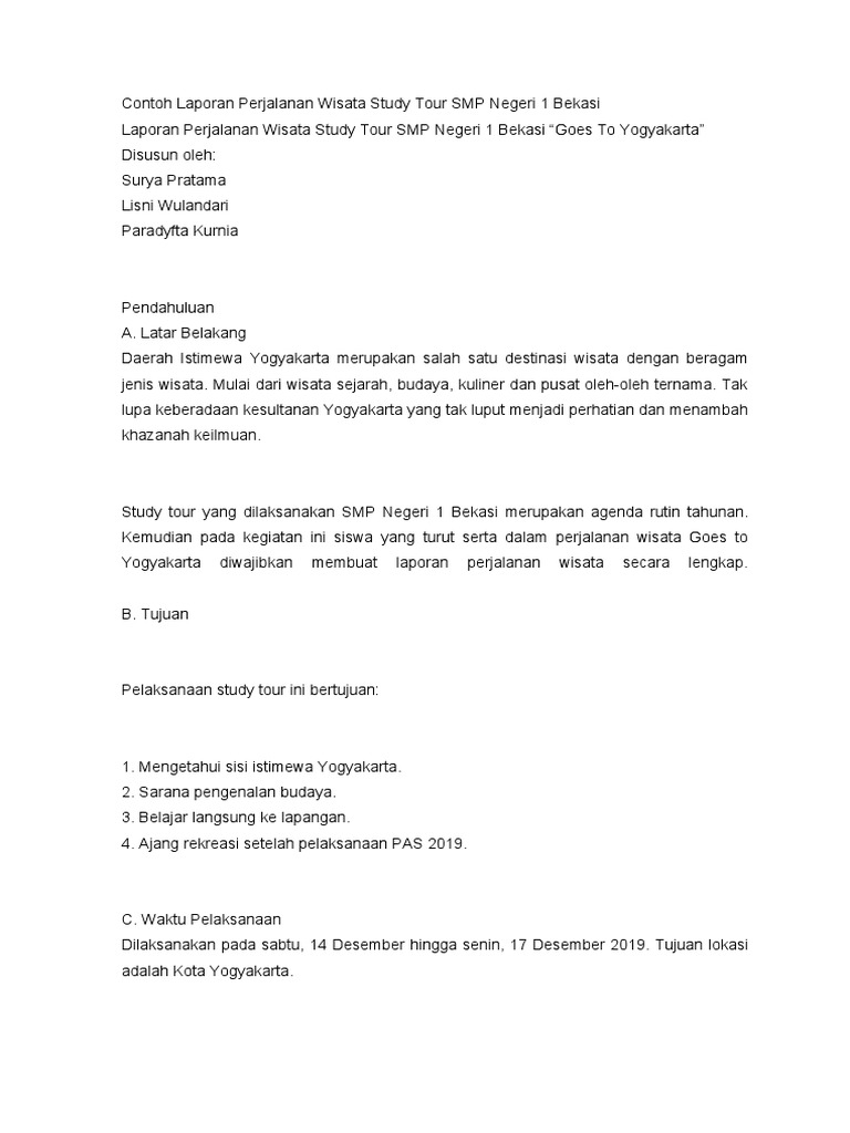 Contoh Laporan Perjalanan Wisata Study Tour | PDF