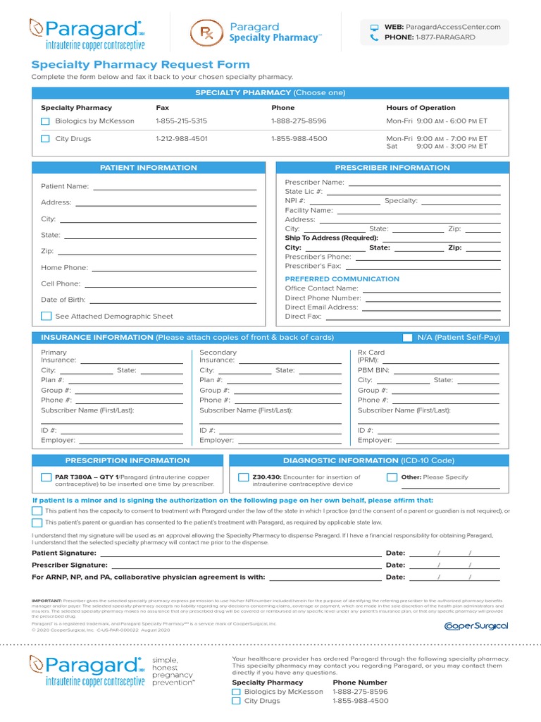 Paragard Specialty Pharmacy Request Form (Digital) | PDF | Health ...