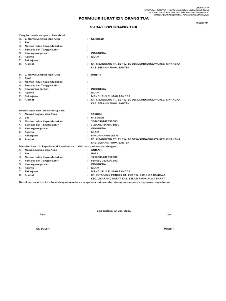 Surat izin perkawinan dari orang tua dan persetujuan mempelai untuk pernikahan Sa'roni dan ...