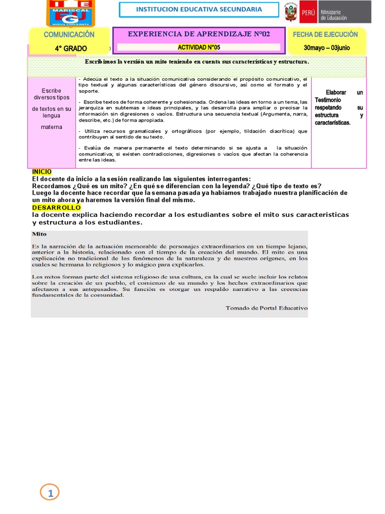 ACTIVIDAD 5 4to Grado Escritura de Un Mito | PDF | Escritura | Aprendizaje