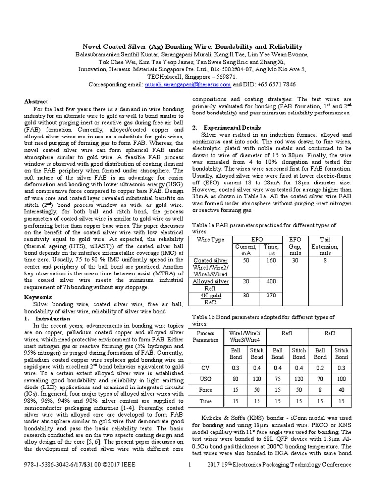 EPTC2017 - Novel Coated Silver (Ag) Bonding Wire - Bondability and ...