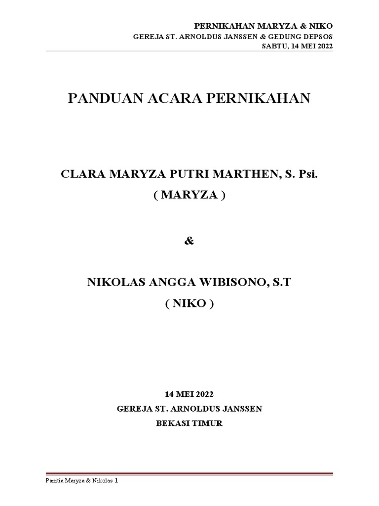 Panduan Pemberkatan Pernikahan Maryza & Niko | PDF
