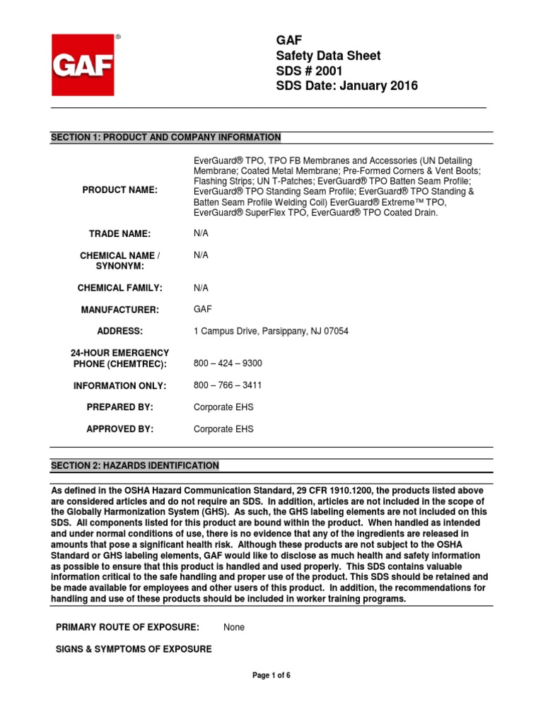 GAF Safety Data Sheet SDS # 2001 SDS Date: January 2016: Page 1 of 6 ...