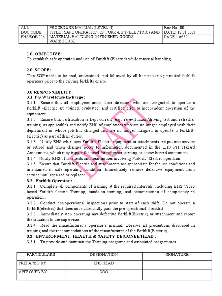 SOP - Material Handling and Safe Operation of E-Forklift in Finished ...