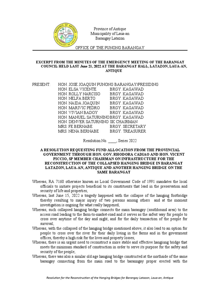 Resolution For The Reconstruction of The Hanging Bridges For Barangay ...
