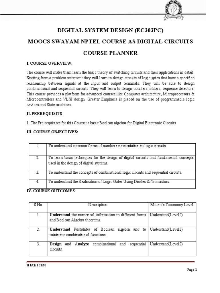 Digital System Design (Ec303Pc) Moocs Swayam Nptel Course As Digital Circuits Course Planner ...