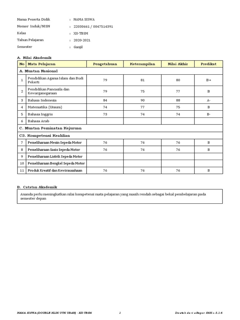 Format Erapor XII-TBSM Ganjil Ok | PDF