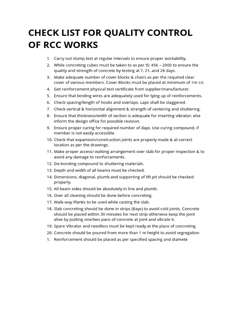 Check List For Quality Control of RCC Works | PDF