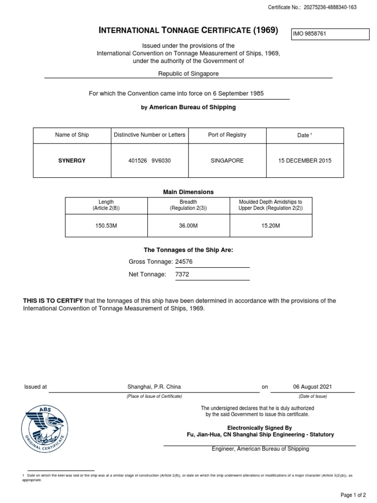 5 International Tonnage Certificate (1969) - LL-115E-152178014 | PDF | Tonnage | Heavy Industry