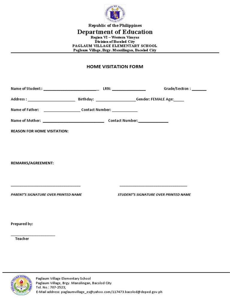 Department of Education: Home Visitation Form | PDF