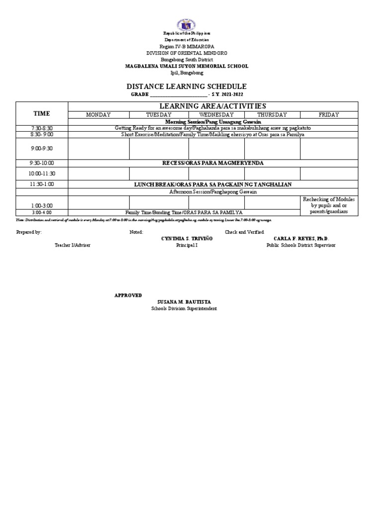 Distance Learning Schedule for Grade [BLANK] at Magdalena Umali Suyon ...