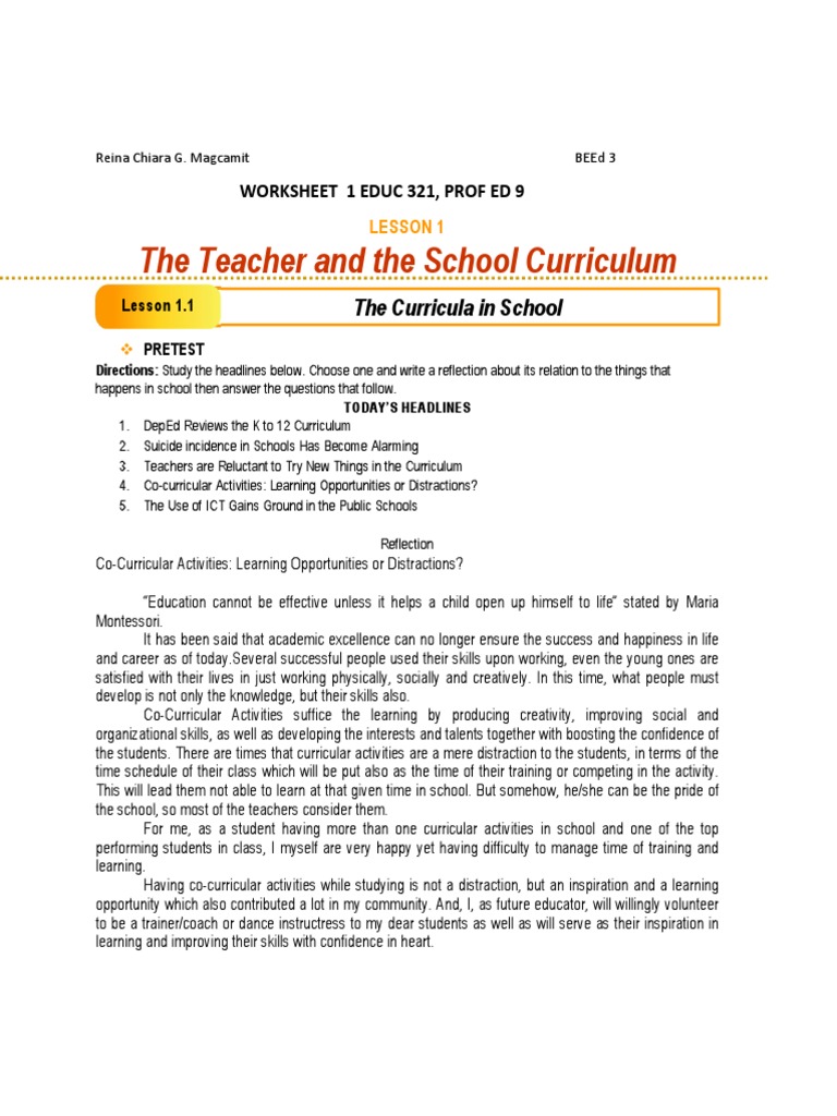 Worksheet 1 Educ 321 Magcamit Reina Chiara | PDF | Curriculum | Teachers