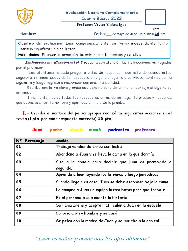 Prueba Lectura Complementaria 4to | PDF