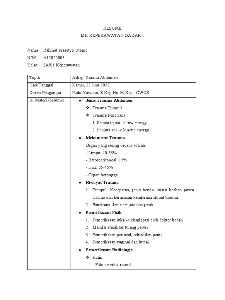 Resume Askep Trauma Abdomen | PDF
