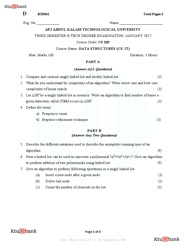 1 CS205 - DATA - STRUCTURES - QP MAIN JAN 2017 - Ktu Qbank | PDF | Computer Science | Algorithms ...