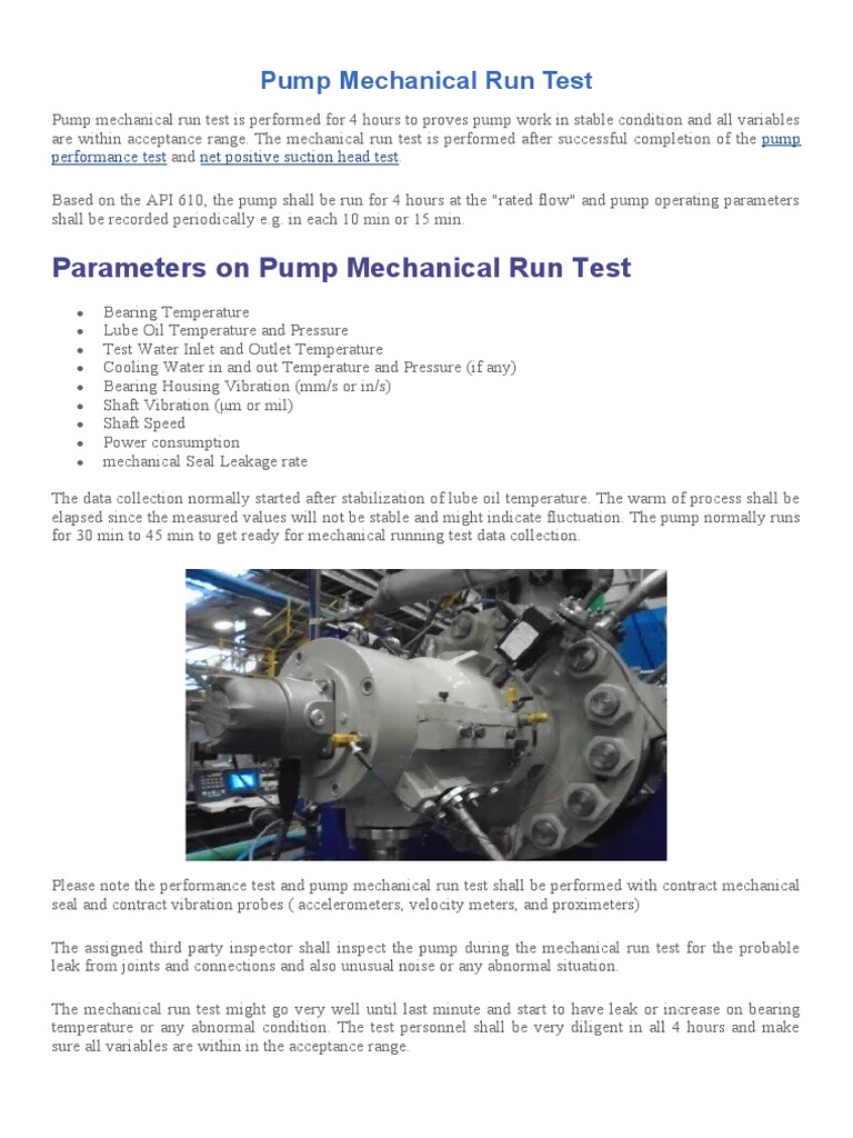 Parameters On Pump Mechanical Run Test | PDF | Pump | Bearing (Mechanical)