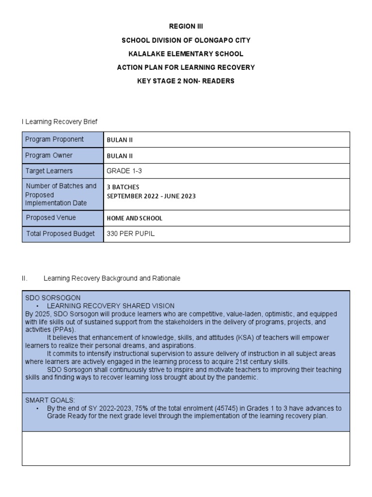 Learning Recovery Action Plan Template | PDF | Learning | Teachers