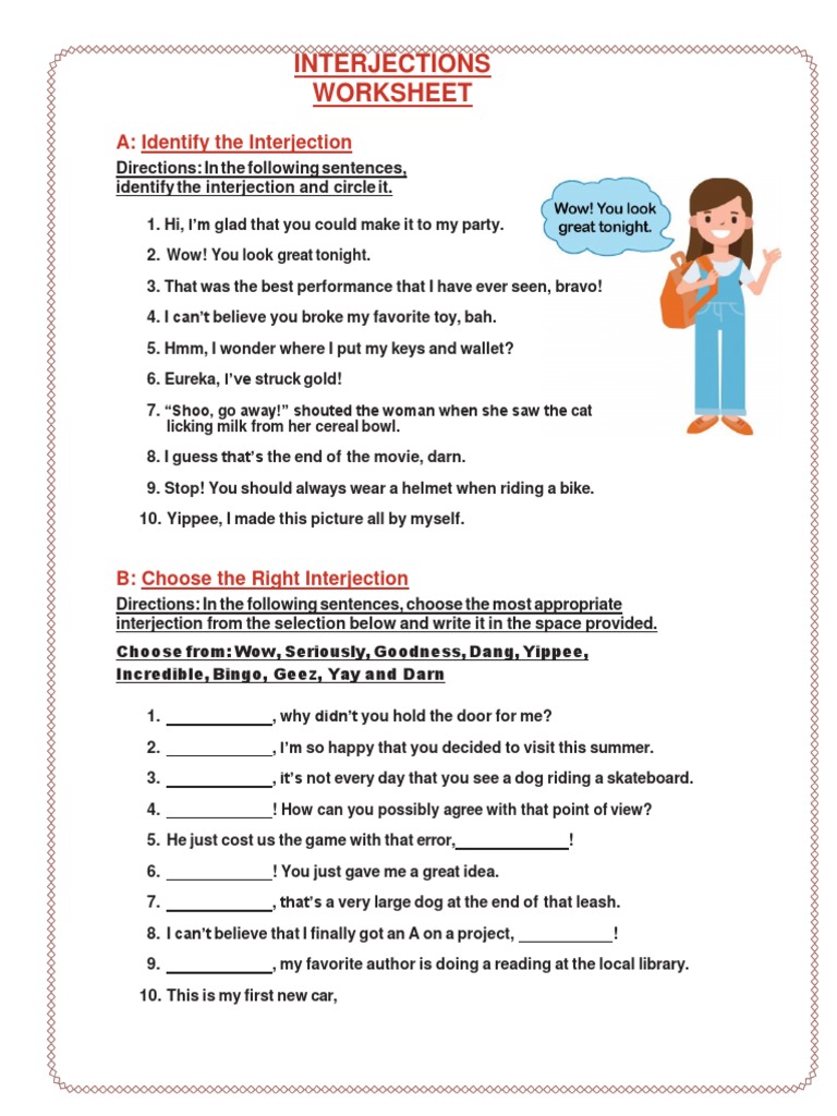 Interjections Worksheet: A: Identify The Interjection | PDF