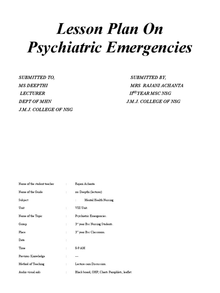 Lesson Plan On Psychiatric Emergencies | PDF | Mental Disorder | Rape