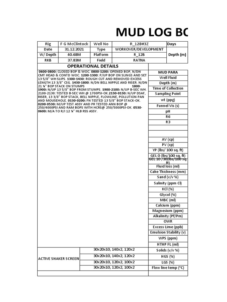 Mud Log for Well R_12B#3Z Operations | PDF | Parts Per Notation ...