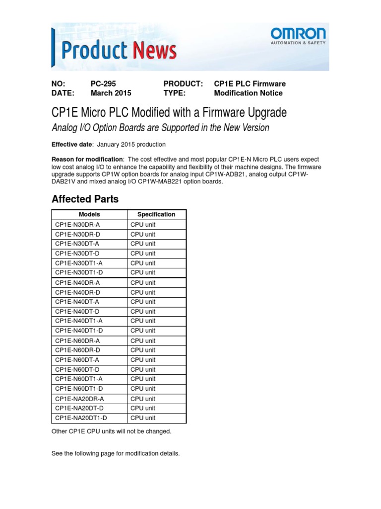 CP1E Micro PLC Modified With A Firmware Upgrade: Analog I/O Option ...