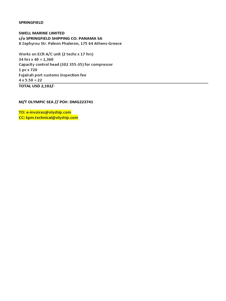 Springfield Swell Marine Limited C/O Springfield Shipping Co. Panama Sa ...