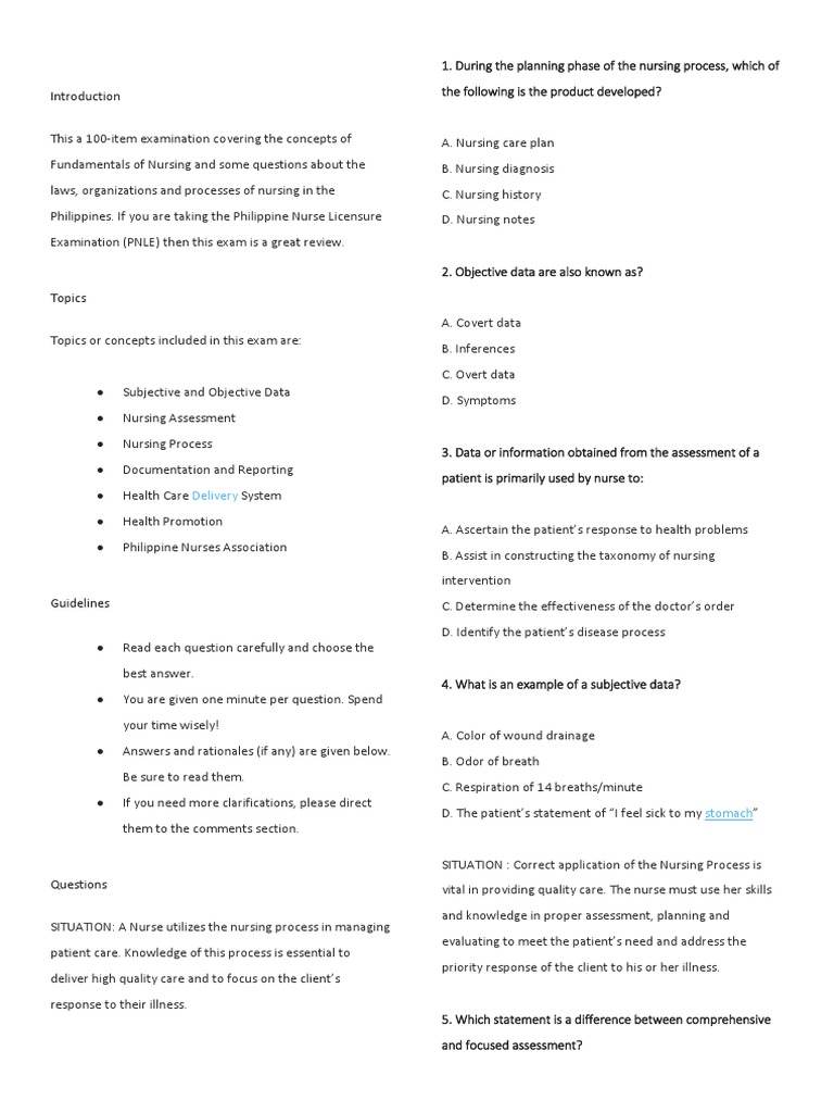 Fundamentals of Nursing Exam 15 NLE Pre-Boards (100 Items) | PDF ...
