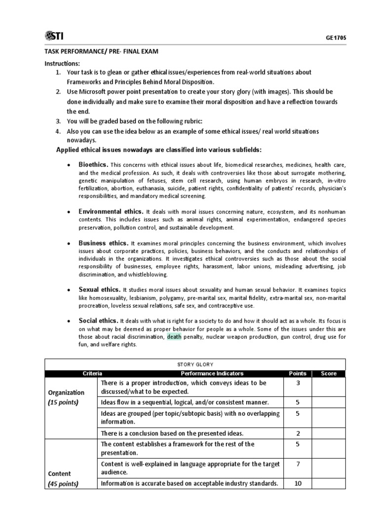 Task Performance/ Pre-Final Exam Instructions:: (15 Points) | PDF | Bioethics | Social Institutions