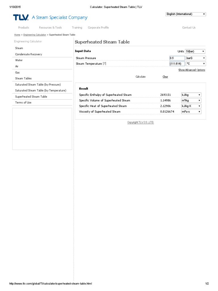 Calculator - Superheated Steam Table - TLV | PDF | Steam | Energy ...