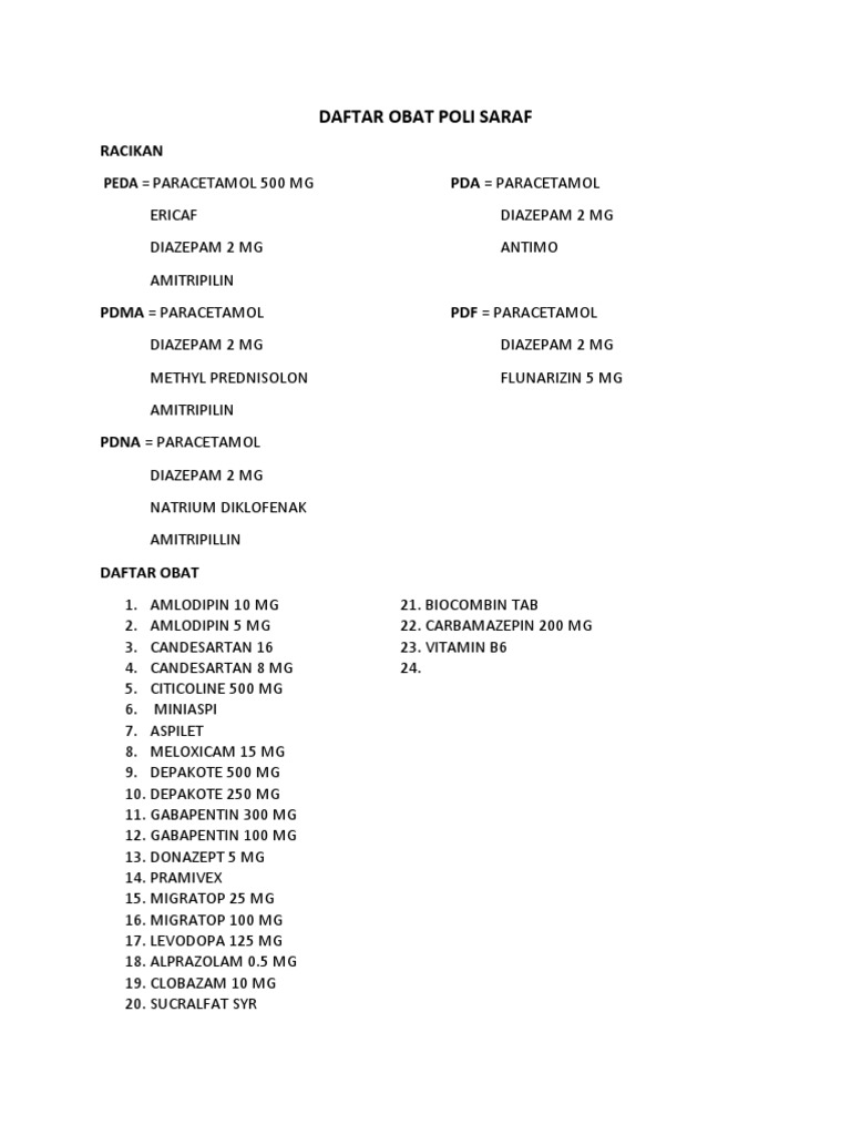 Daftar Obat Poli Saraf: Racikan Pda Paracetamol | PDF